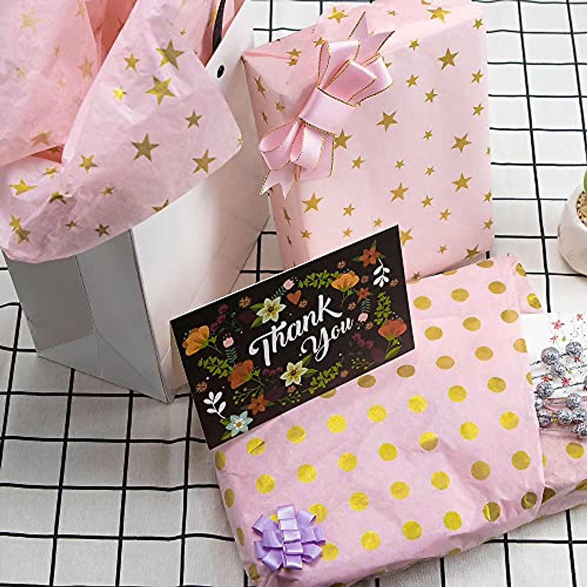 MR FIVE 60 Sheets Pink and Gold Tissue Paper Bulk,20" x 14",Pink Tissue Paper for Gift Bags,DIY and Crafts,Gold Star Gold Polka Dot Gift Tissue Paper for Baby Shower,Weeding,Birthday,Holiday