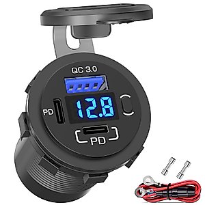12V USB Outlet Qidoe USB C Car Charger Socket Dual PD 30W and 18W QC3.0 Port USB Car Socket with Voltmeter Button Switch Lengthened Waterproof USB Power Outlet for Car Boat Marine RV Vehicle