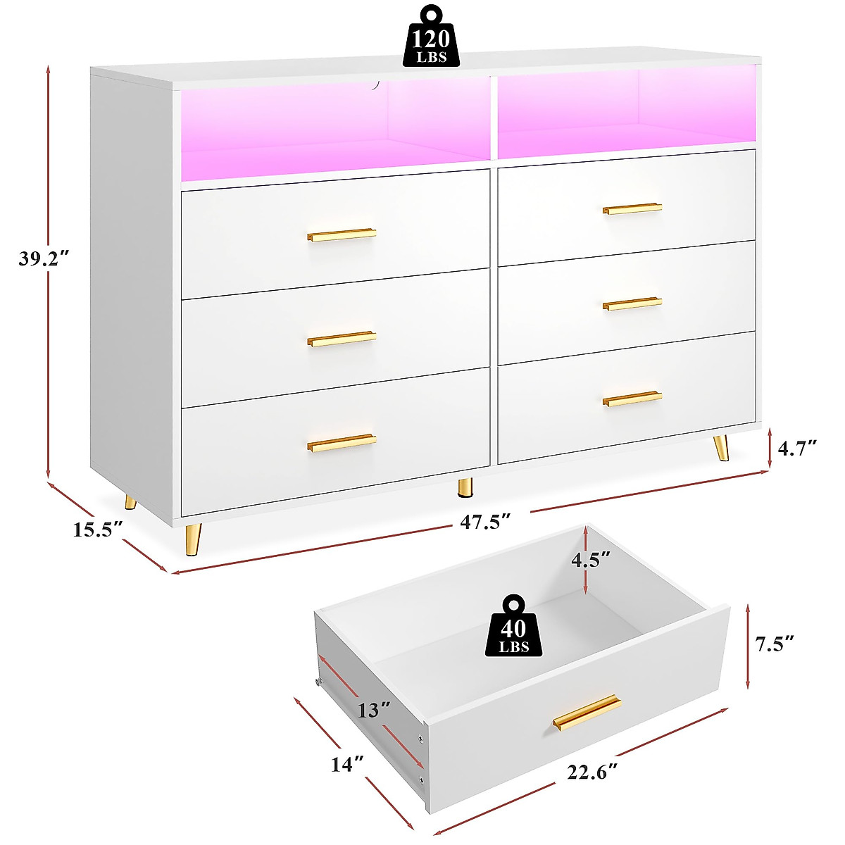 EnHomee Dresser for Bedroom, White Dresser with LED, Chests of Drawers, 6 Drawers & 2 Shelves for Bedroom, Wood Chests of Drawers, Large Space Saver Furniture