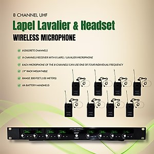 MUSYSIC Pro Wireless Microphone System – Advanced SM Technology, 1/4" TRS & XLR Output - 8 Channel UHF Receiver - 8 Lapel Lavalier - 8 Headset - MU-U8-LL