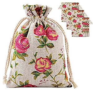 Pangda 30 Pieces Small Size Rose Drawstring Bags Burlap Flower Pouch Bags Linen Gift Bags Jewelry Pouches for Wedding DIY Craft Party (3.9 x 5.3 Inch)