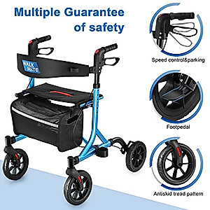 WALK MATE Rollator Walker for Seniors with Cup Holder, Upgraded Thumb Press Button for Height Adjustment, 4 x 8" Wheels Walker with Seat Padded Backrest Folding Lightweight Walking Aid, Blue