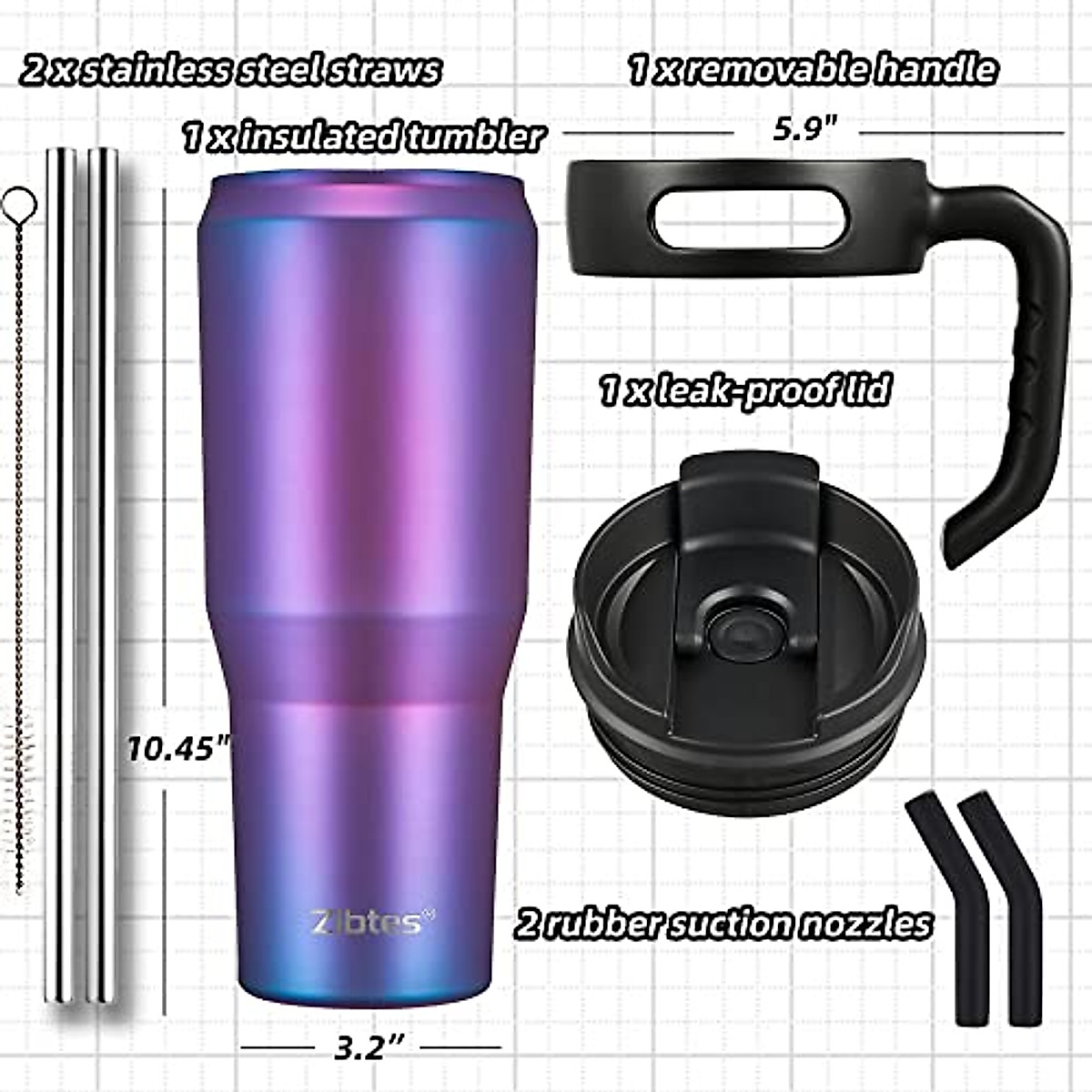 Zibtes 40oz Insulated Tumbler With Lid and Straws, Stainless Steel Double Vacuum Coffee Tumbler With Handle, Keeps Drinks Cold up to 34 Hours or Hot for 12 Hours(Twilight 1 pack)