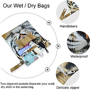 visesunny Tiger 2Pcs Wet Bag with Zippered Pockets Washable Reusable Roomy for Travel,Beach,Pool,Daycare,Stroller,Diapers,Dirty Gym Clothes, Wet Swimsuits, Toiletries