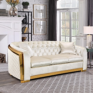 JURMALYN 81.1" Beige & Gold 3 Seater Sofa Couch Velvet Chesterfield Sofa Couch Modern Sectional Sofa Couch for Living Room Button Sofa with 2 Pillows