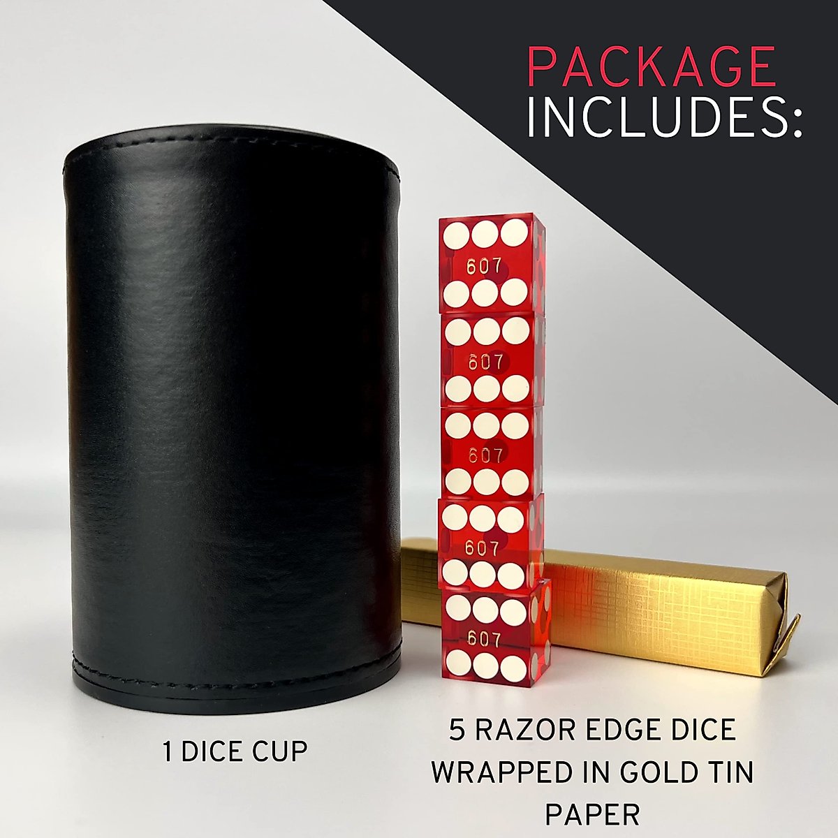 Luck Lab Black Leather Dice Stacking Cup with 5 Serialized Razor Edge 19 mm Casino Dice - Pro Straight Cup for Stacking and Magic Tricks (Red Dice)