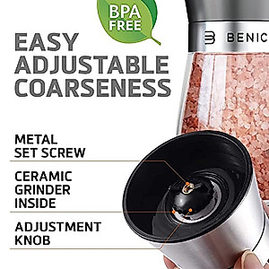 Beautiful Stainless Steel Salt and Pepper Grinder Set of 2 - Pepper Mill & Salt Mill with Adjustable Coarseness - Glass Spice & Salt Shakers - Easy Clean Ceramic Grinders w/a Spoon & Cleaning Brush