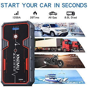 XNEMU Car Jump Starter, 2000A Peak 20000mAh (Up to 8.0L Gas or 6.5L Diesel Engine) 12V Auto Booster Battery Pack Jump Box with Quick Charger Smart Jump Cables