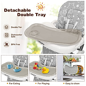 BABY JOY Folding High Chair for Babies & Toddlers, Infant Dining Chair w/Removable Dishwasher Safe Tray, 5-Point Safety Belt, Wheels, Detachable Cushion, Adjustable Backrest Footrest & Height (Gray)