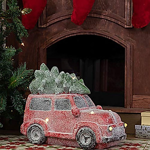 Alpine Corporation QWR916 Alpine Retro Red Car with Christmas Tree, LED Lights, and Music, Indoor Festive Decor for Home Holiday décor, Multi
