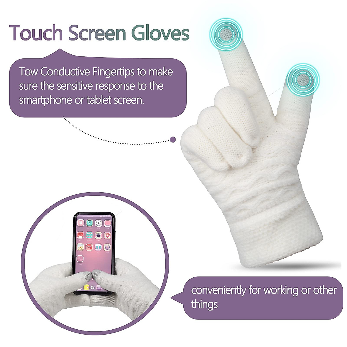 Women Beanie Hat Gloves and Scarf Set Winter Warm Knit Cap Thick Fleece Lined Neck Warmer White Snow Ski Cold Weather, Gorras Gorros Guantes Bufandas de Invierno para Mujer, Gift for Mom