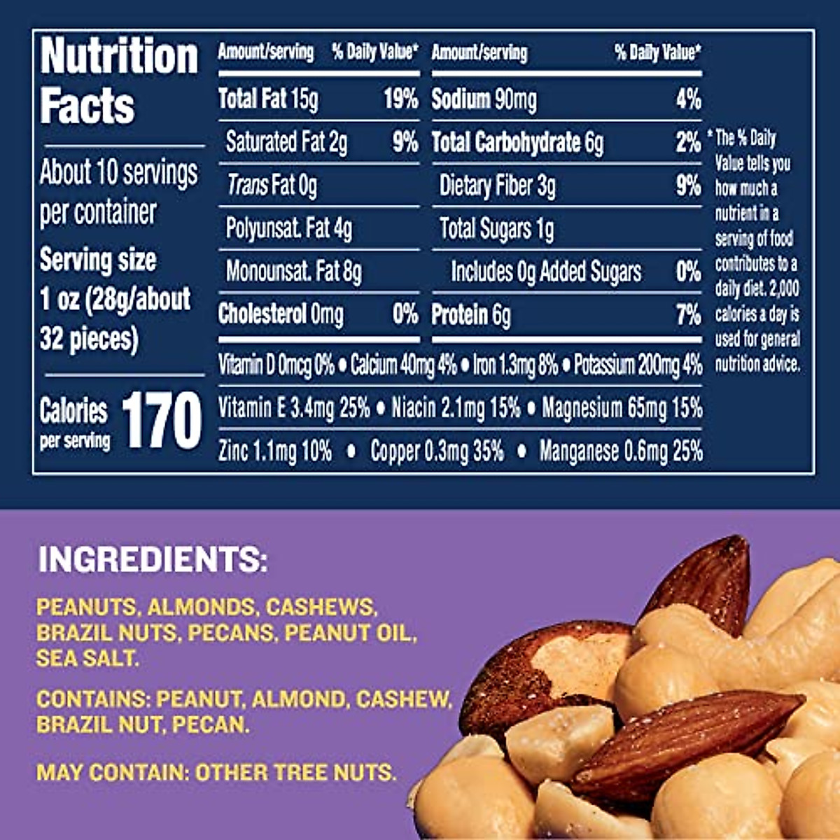 PLANTERS Salted Mixed Nuts, Party Snacks, Plant-Based Protein 10.3oz (1 Canister)