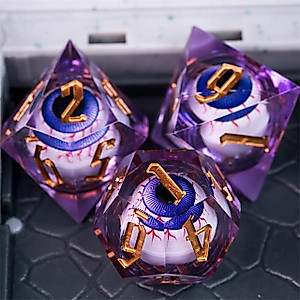Purple Beholder Eyeball Sharp DND Dice Set with Leather Dice Box | for Dungeons and Dragons, D&D, Sharp Edge, D20 Polyhedral Resin Dice, Dungeons and Dragons Gifts, Accessories