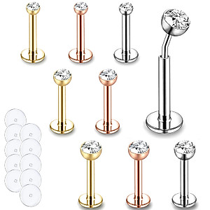 ZS 9Pcs 16G/18G/20G Threadless Push in Lip Labret Nose Studs, Stainless Steel Piercing Jewelry for Conch Medusa Piercing, CZ Forward Helix Tragus Earring for Women Men (Stick CZ/16g/8mm)