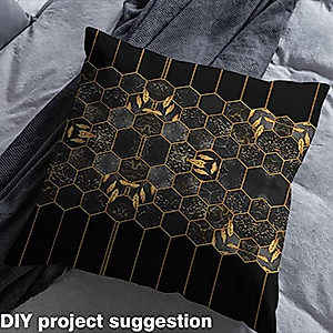 Marble Upholstery Fabric, Black Grey Geometric Gold Plaid Fabric by The Yard, Modern Luxury Diamond Decorative Fabric with Metallic Stripe Printed Beehive Hexagon Grid Fabric, 1 Yard