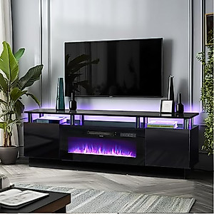 oneinmil Fireplace TV Stand with 36" Electric Fireplace,LED Light Entertainment Center,2 Tier TV Console Stand for TVs Up to 80",Fireplace for The Living Room TV Stand,Black