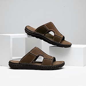 Jousen Sandals for Men Leather Slip on Mens Sandals Outdoor Men's Beach Slide Slippers(AMY2005A Dark Brown 12)