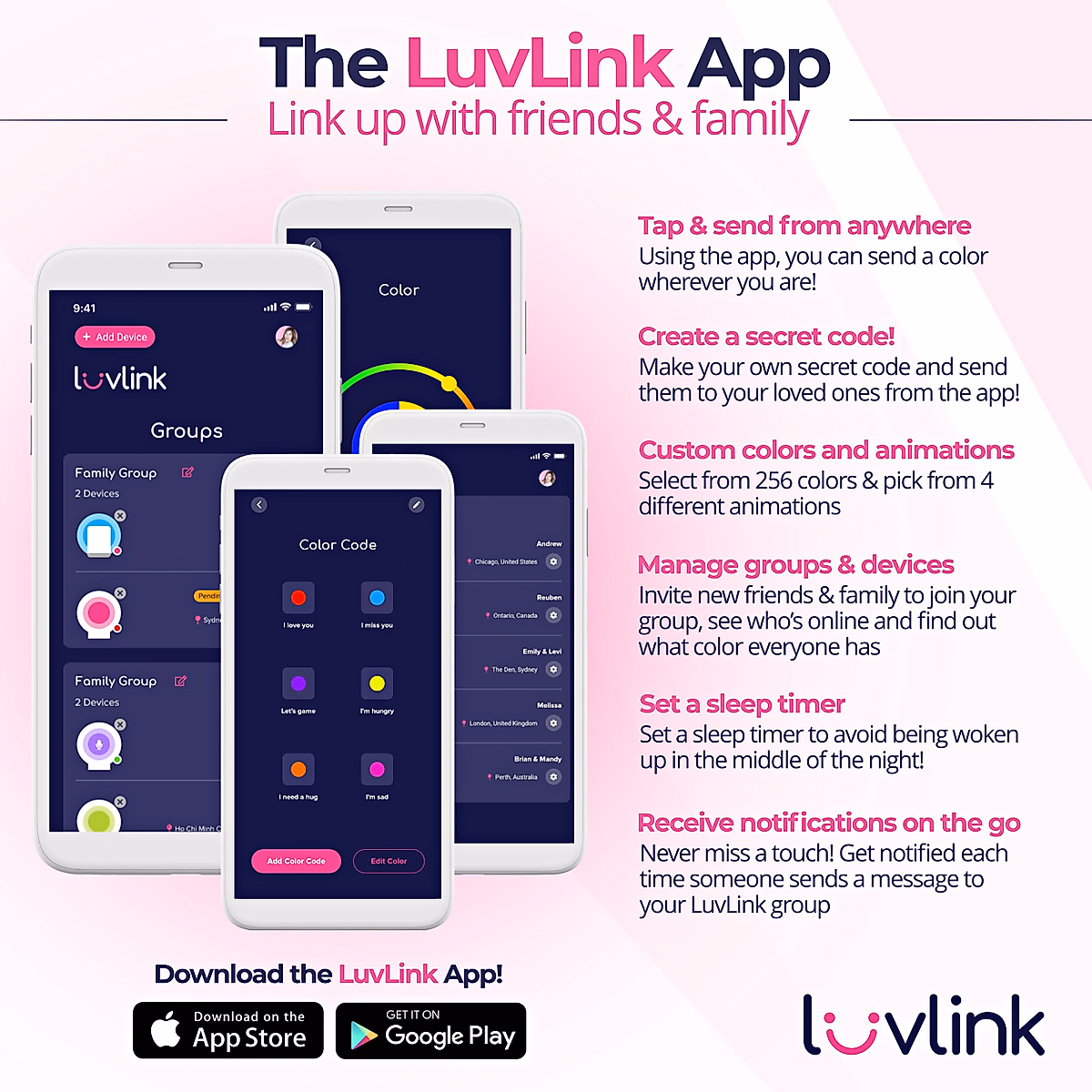 LuvLink Friendship Lamp v2.0 - Extended WiFi Range - Simple Bluetooth Setup (Set of Three)