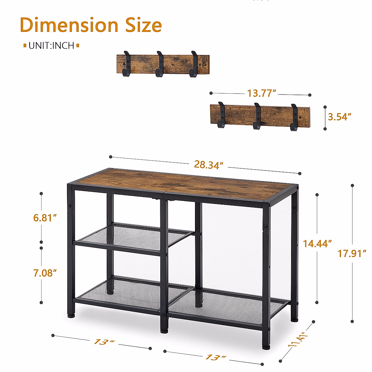 Gewudraw Coat Shoe Rack Bench Entryway - 3 in 1 Entry Bench Seat with Shoe Storage with Coat Hooks Wood Benches Metal Frame Small Shoes Shelf Organizer for Hallway Mudroom Bedroom