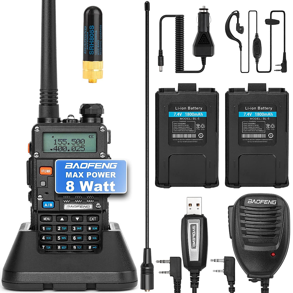 BaoFeng UV-5R 8-Watt (3rd Gen) Handheld Ham Radio with 2 Rechargeable Battery, Dual-Band 2-Way Radio Handheld Walkie Talkies Complete Set with Earpiece and Programming Cable (Pack 1)