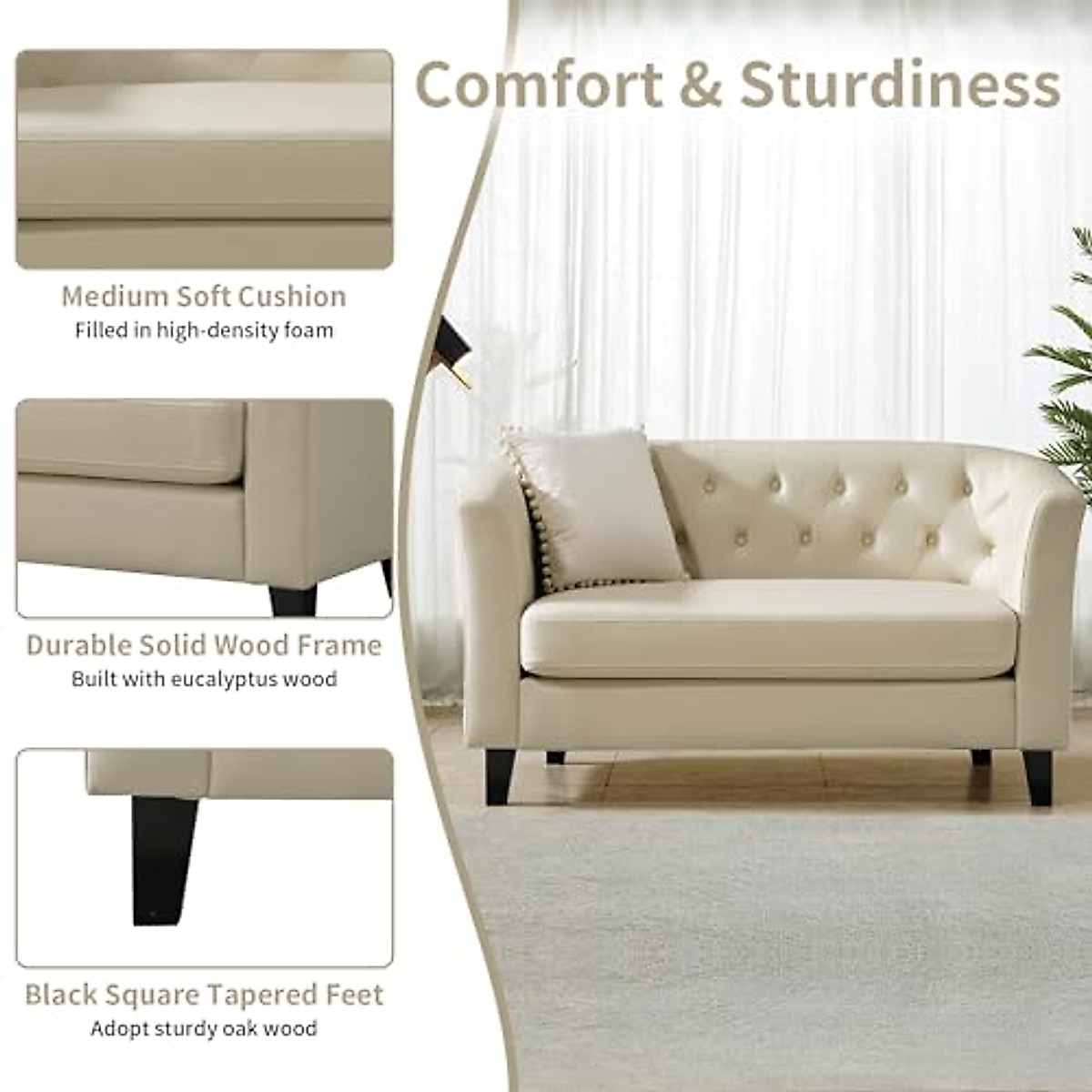 Husbedom 50 Inches Loveseat, Small Air Leather Couch for Small Spaces, Mini Sofa with Button Tufted Décor for Bedroom, Love Seats Furniture, Living Room, Bedroom, Apartment, Dorm, Beige