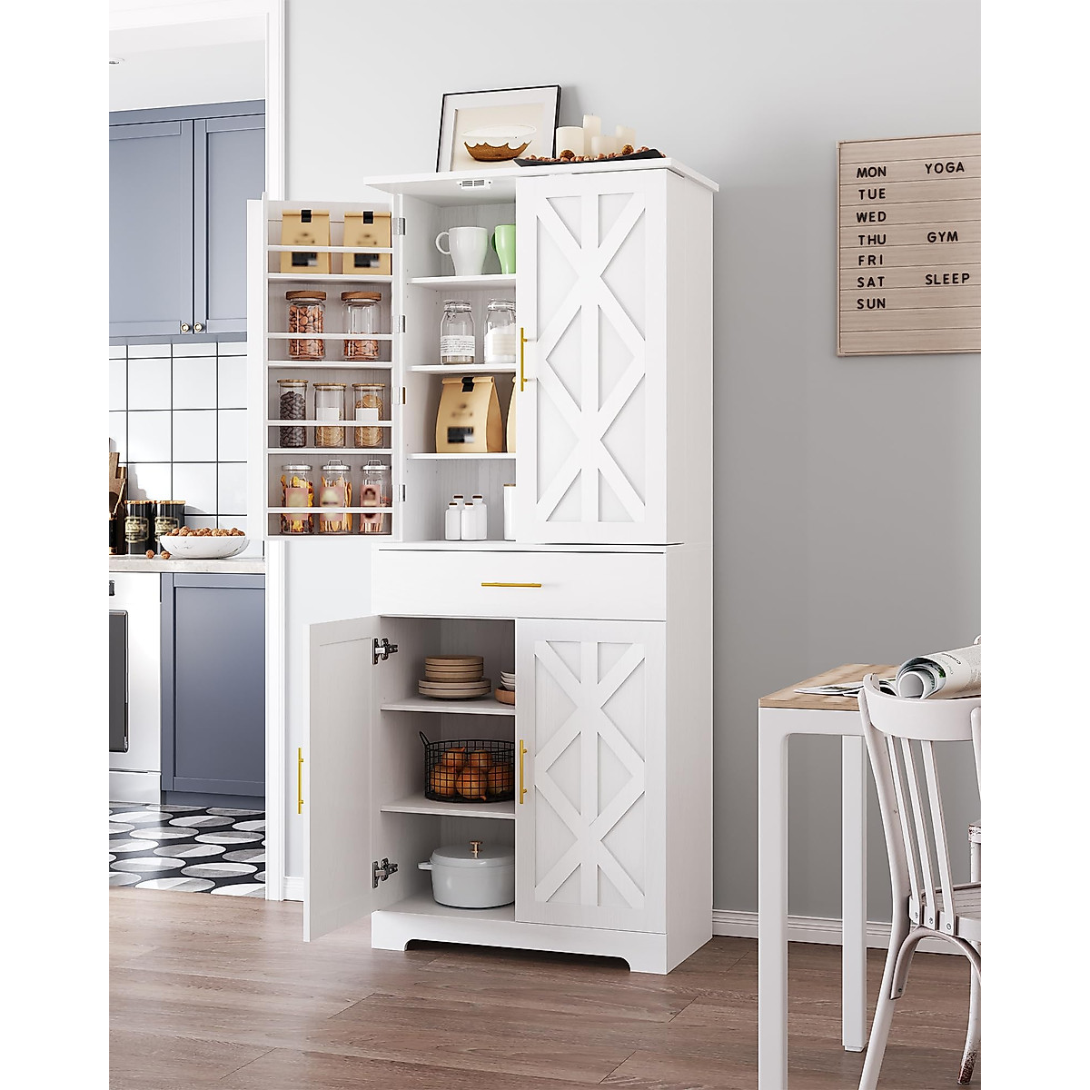 Hzuaneri 72" Kitchen Pantry Storage Cabinet, Tall Pantry Cabinet with Barn Doors & 7 Adjustable Shelves, Drawer, Freestanding Buffet Cupboards Sideboard for Kitchen, Dining Room, White PT02403X