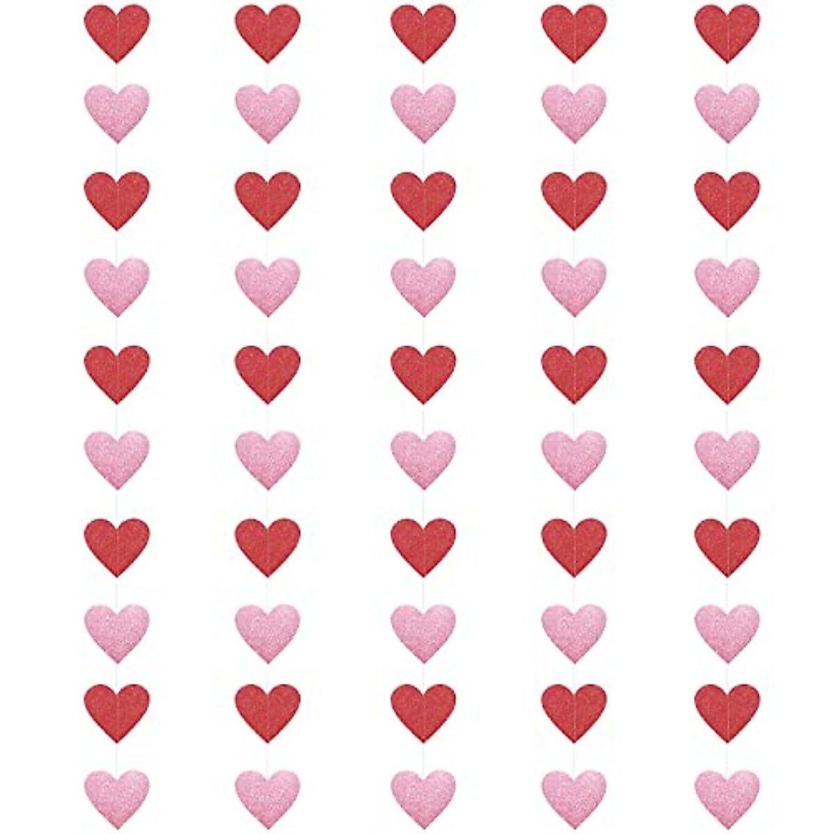 5 Pieces Valentines Hearts Garland Glitter Heart Banner Decor Glittery Valentines Day Heart Hanging String Garland for Wedding Party Engagement Home Decorations, Red Pink