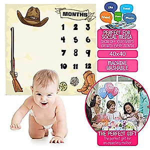 Cowboy Theme Baby Monthly Milestone Blanket, 48x40in Soft Flannel, Gun Boots Hats Nursery Blanket for Newborn Mom Gifts, Baby Shower Age Growth Tracker with Bonus Maker BTZYFS17