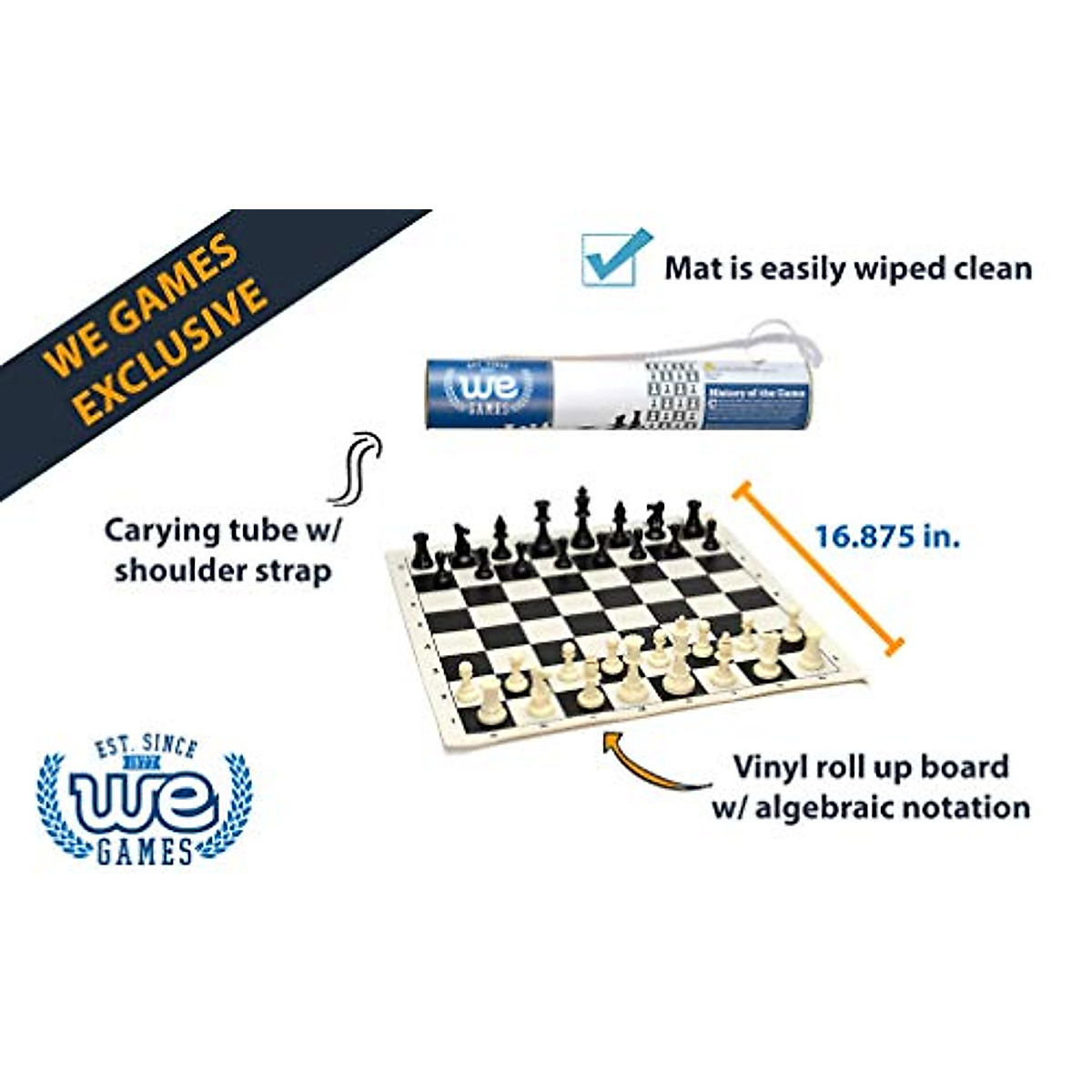 WE Games Chess Sets for Adults, Chess Board is 17 in., Chess Pieces with 3.08 inch King Travel Chess Set, Board Games Storage in Convenient Portable Carry Tube, Games for Adults