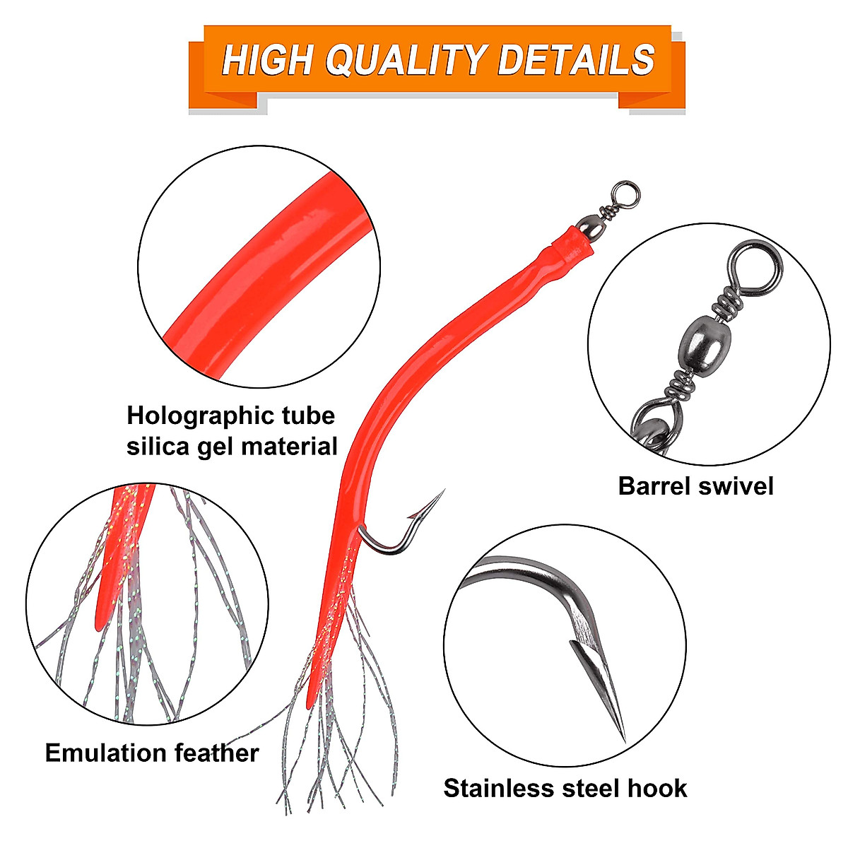 Striped Bass Tube Lures Trolling Lures Saltwater Cod Rig Tube Teaser with Stainless Steel EEL Hook Barrel Swivel for Offshore Trolling Striper Bass Big Game Fishing (Red 7/0)