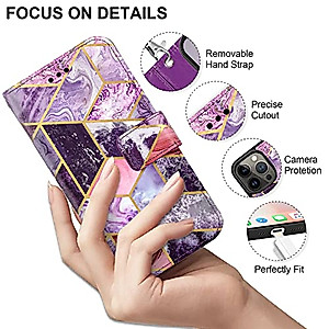 CASEOWL Compatible for iPhone 14 Pro Wallet Case [Support Magsafe Charger] 2 in 1 Magnetic Detachable [RFID Blocking] Marble Pattern Flip Leather Wallet Case with Card Holder, Strap for Women (Purple)