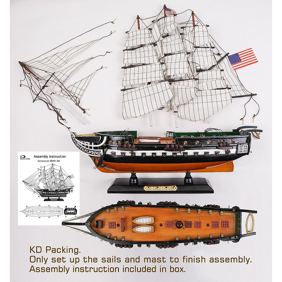 SAILINGSTORY Wooden Model Ship USS Constitution 1/150 Scale Replica Frigate Sailing Warship Model Sailboat Decor