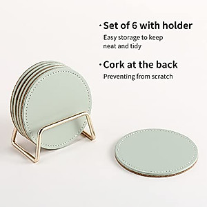 CASEGRACE Drink Coasters with Metal Holder Stand Set of 6, PU Leather Absorbent Coasters with Cork Base Table Coaster Set Decorative Coffee Cup Coasters Housewarming Gift for Home Decor