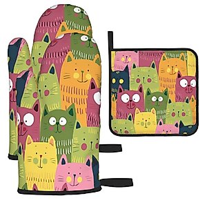 Cute Cat Oven Mitts and Pot Holders Sets of 3 Funny Animal Insulated Kitchen Golves Heat Resistant Potholders for Cooking Baking Grilling BBQ, Cat Gifts for Women