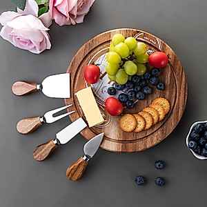 Acacia Wood Cheese Board Set, Charcuterie Board and Cheese Serving Platter with 4 Stainless Steel Cheese Knives, Ideal for Wedding Housewarming Gifts Christmas Birthday Party,Cheese Tray Platter