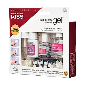 KISS Brush-On Gel Finish Fake Nail Kit French Manicure Set, 48 Short Length Square Shaped French & Natural Glue-On Nail Tips