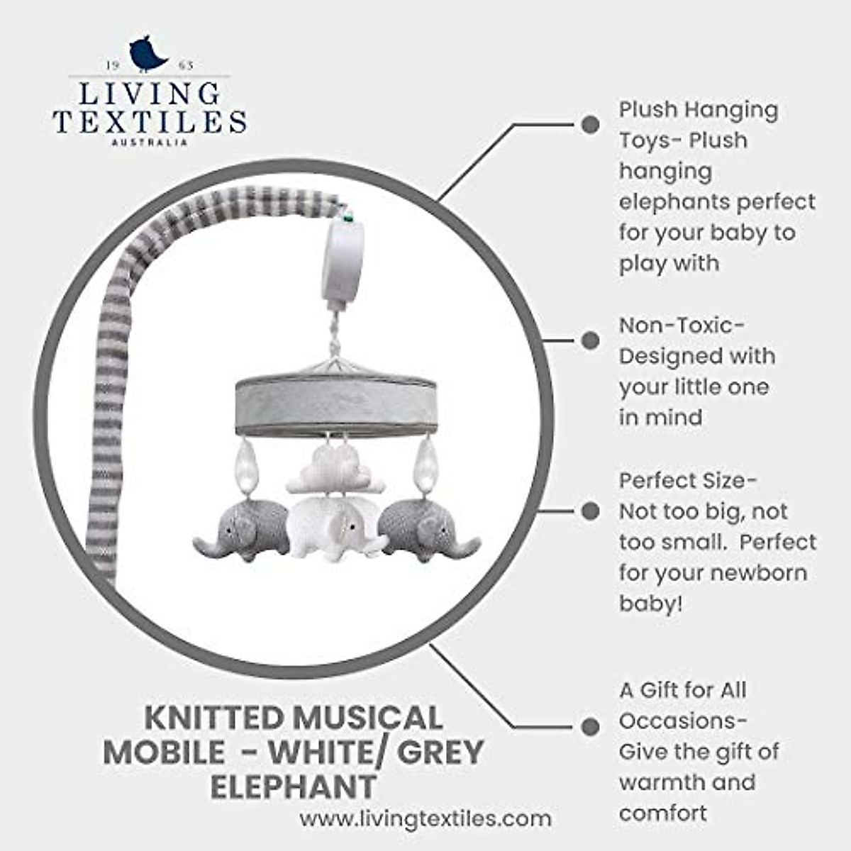 Living Textiles Baby Musical Mobile - Grey Elephants | Crib Toy, Knitted Hanging Toys, Nursery Decor, Calming Soother with 12 Lullabies | Baby Essential and Perfect Baby Toy for Boys and Girls