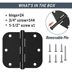24 Pack Rounded Matte Black Door Hinges 3.5 x 3.5 inch with 5/8 Radius, Black 3 1/2 Interior Door Hinges, 3 ½"x 3 ½" Hardware