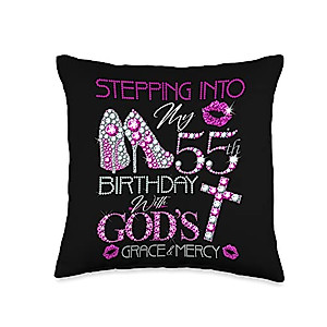 55 years old 55th Birthday Gift For Girls & Womens Stepping into My 55th Birthday with God's Grace & Mercy Throw Pillow, 16x16, Multicolor
