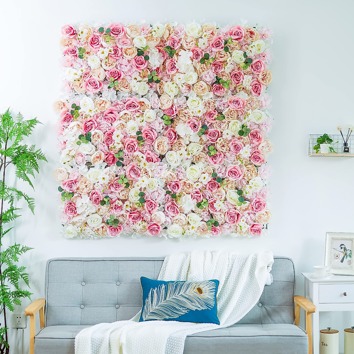 Flower Wall Panel Floral Backdrop - 6 Pcs Pink Flower Wall Decor, 24" X 16" Silk Rose Wall, Artificial Flower Wall Backdrop Faux Flower Panel for Wedding, Party, Nursery, Baby Girl Room, Home Decor
