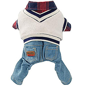 HOODDEAL Dog Clothes Plaid Dog Shirt Dog Outfit Overalls Jeans Jumpsuit with Warm Sweater Vest Two-Piece Cool Puppy Clothes for Small Dogs Boy (Medium, Red-Black)