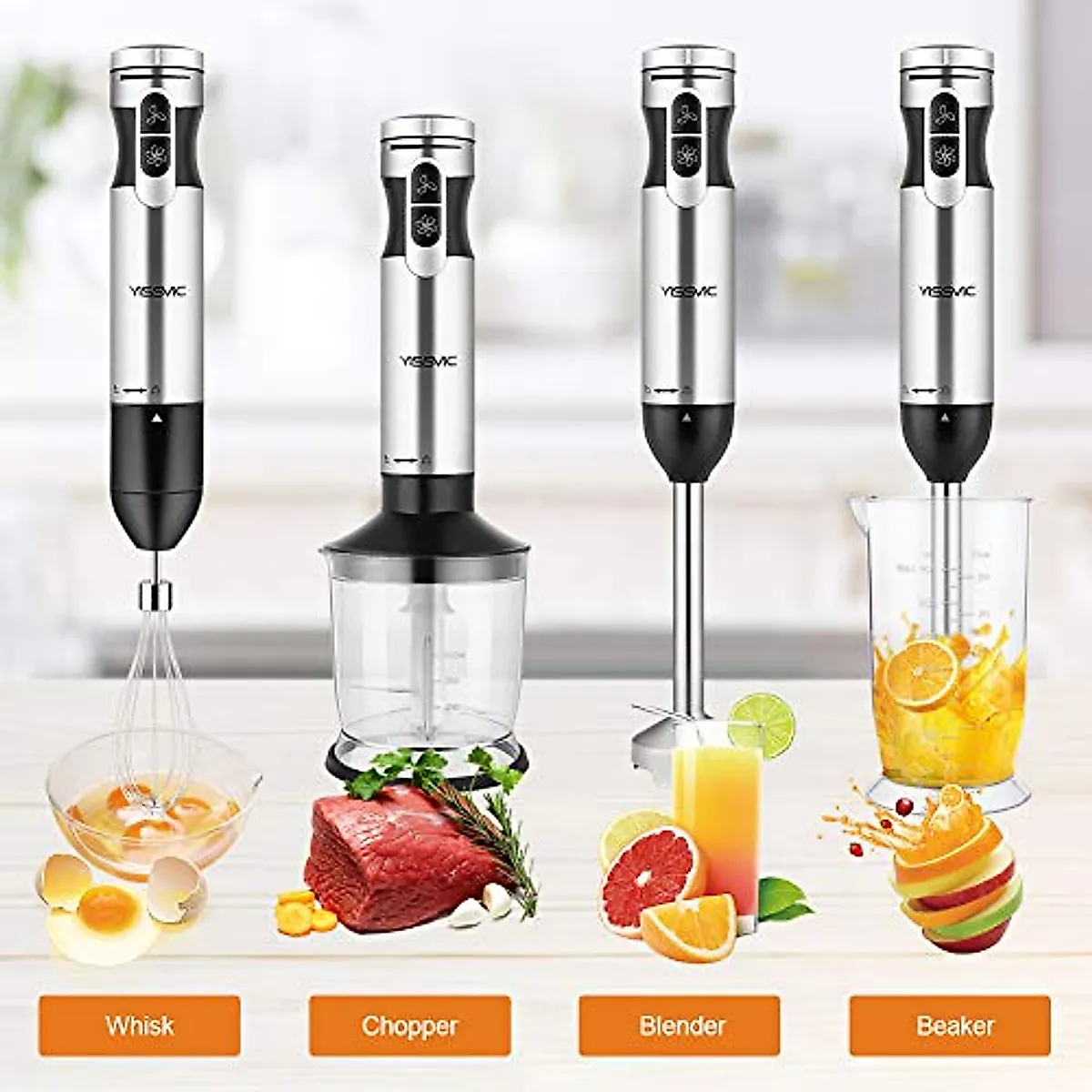 YISSVIC Immersion Hand Blender, 4 in 1 9 Speed Stick Blender with 500ml Food Grinder 700ml Container Chopper Whisk Puree Infant Food, Smoothies, Sauces Soups (1000W 4 In 1 Silver)