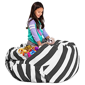 Posh Stuffable Kids Stuffed Animal Storage Bean Bag Chair Cover - Childrens Toy Organizer, X-Large 48" - Canvas Stripes Gray and White