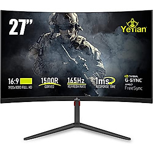 YEYIAN Sigurd 3001 27” Curved PC Gaming Frameless LED Multistand Monitor, 1080P HD, 165Hz, 1ms, 3000:1, 16:9, 178°, 16.7M Colors, G-Sync, FreeSync, DP/DVI/HDMI, Speaker, Tilt/Height/Pivot Adjustable