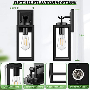 2-Pack Outdoor Wall Light Fixtures, Exterior Waterproof Anti-Rust Wall Lanterns with Glass Shades, Matte Black Porch Sconces Wall Mounted Lighting, E26 Modern Wall Sconces for Patio Front Door Garage