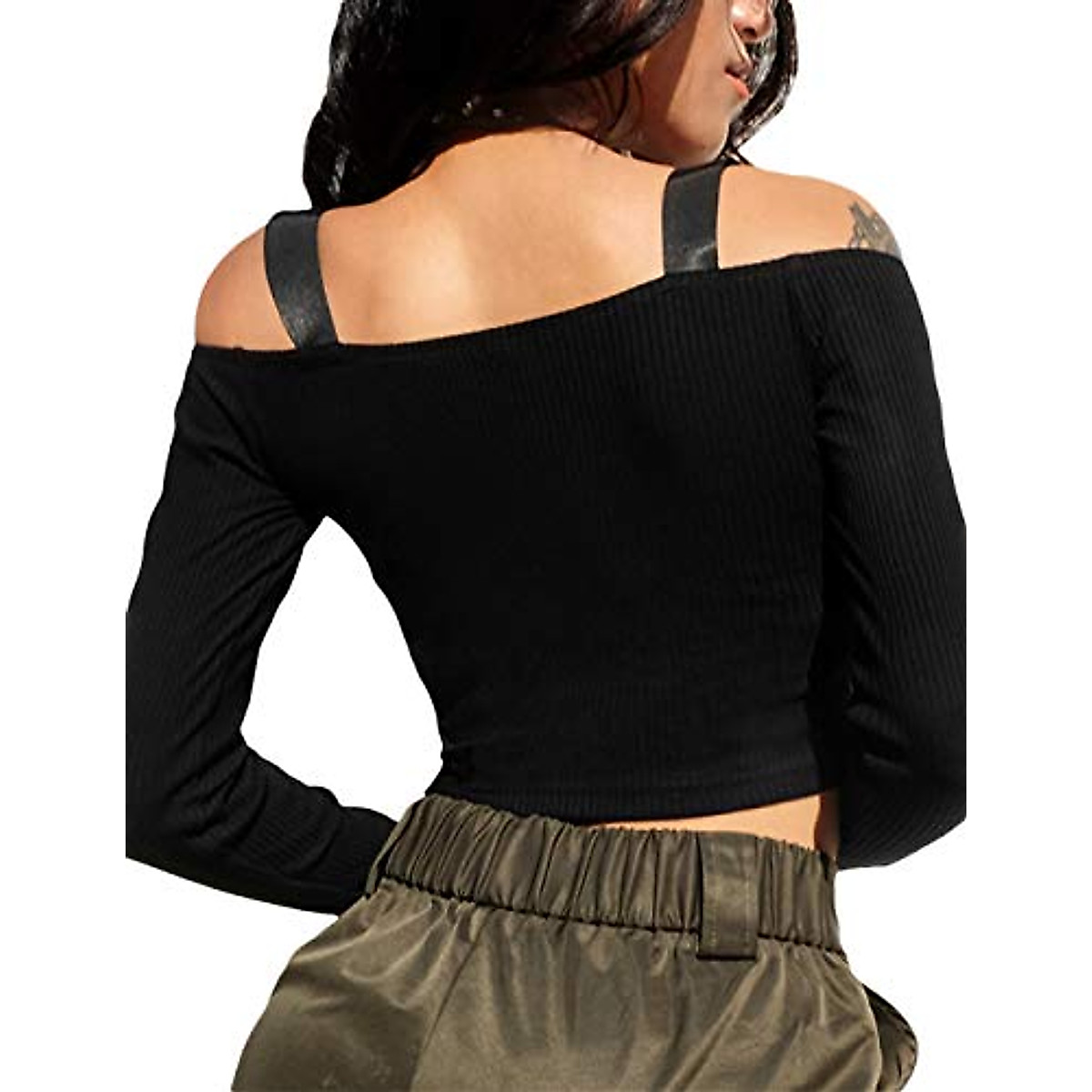 xxxiticat Women's Chic Fashion Off Shoulder Long Sleeve Cold Shoulder Knitted Zipper Up Tshirts Crop Tops Camis(T-BL,M) T-Black