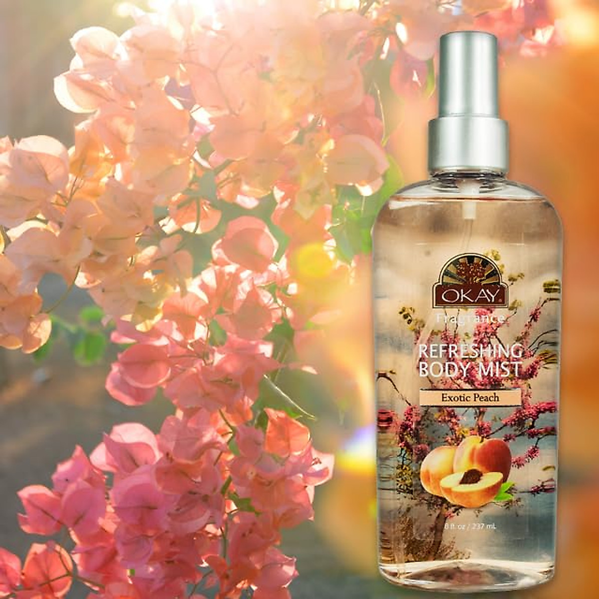 OKAY Fragrance Exotic Peach Body Mist - Body Spray for Women, Light Perfume Mist for Skin, Clean Refreshing Scent, Uplifting and Fruity, Silicone and Paraben Free - 8 Fl Oz