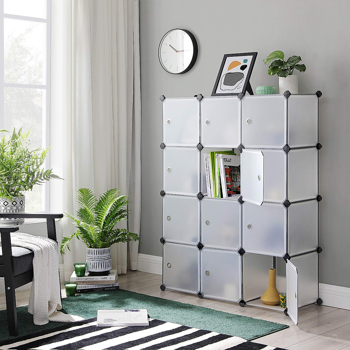 SONGMICS Cube Storage Organizer, Set of 12 Plastic Cubes, Closet Storage Shelves, DIY Plastic Closet Cabinet, Modular Bookcase, Shelving with Doors for Bedroom, Living Room, White ULPC342W01