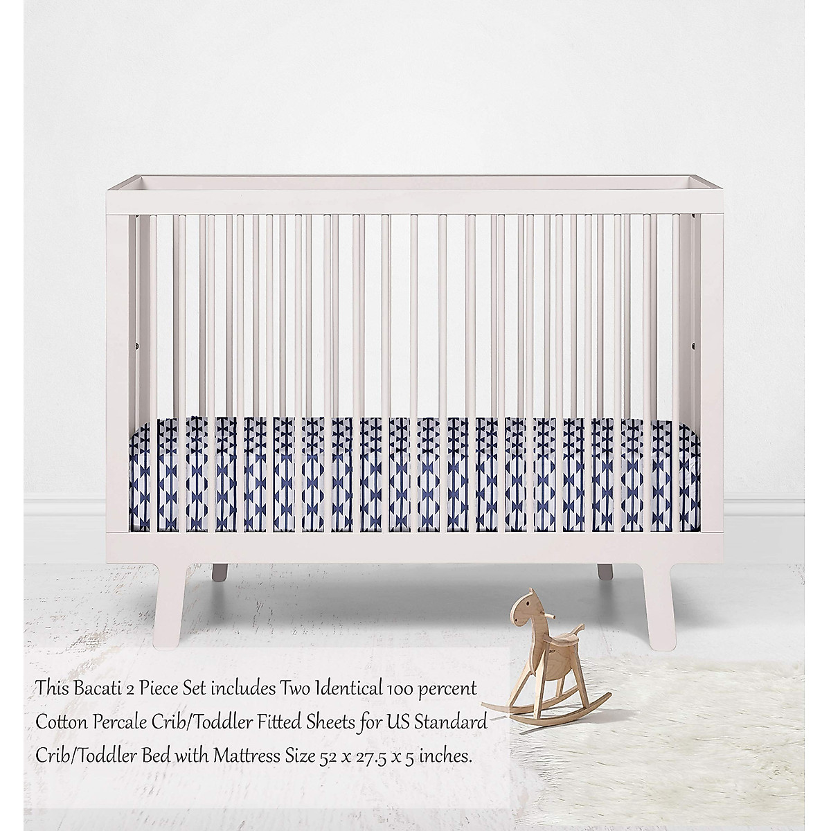 Bacati - 2 Pack Aztec Kilim Printed Neutral 100% Cotton Universal Baby US Standard Crib or Toddler Bed Fitted Sheets (Navy)