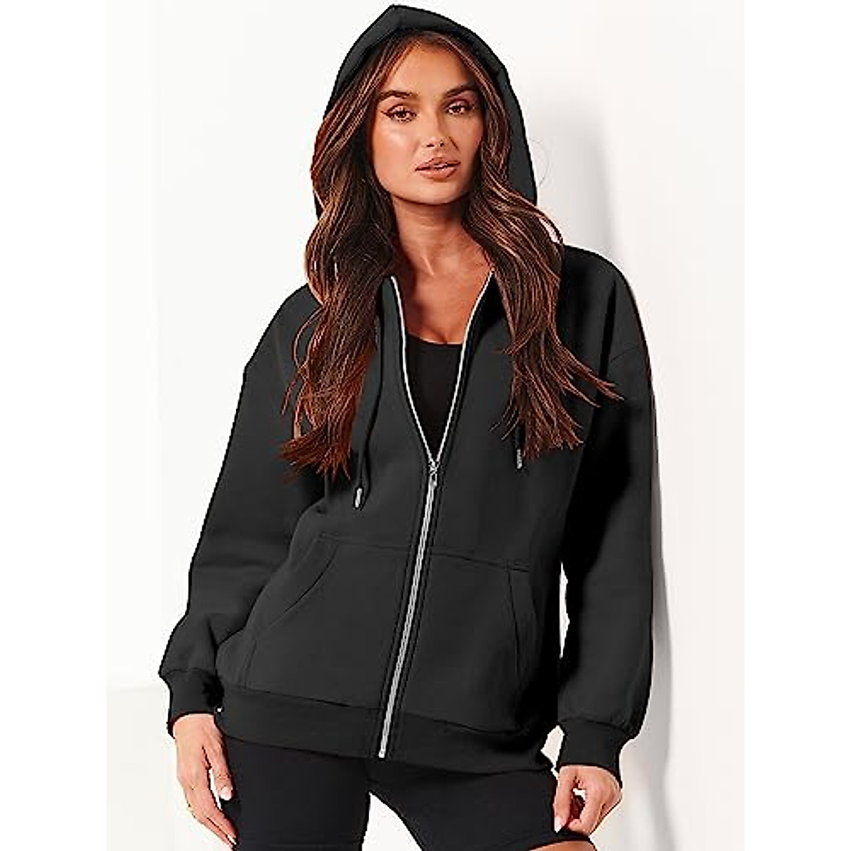 Caracilia Women's Oversized Zip Up Hoodies Sweatshirts Y2K Clothes Teen Girl Fall Casual Drawstring Jackets with Pockets 2023 Winter Loose Fit Clothing Soft Warm Thick Sweater A989heise-S Black